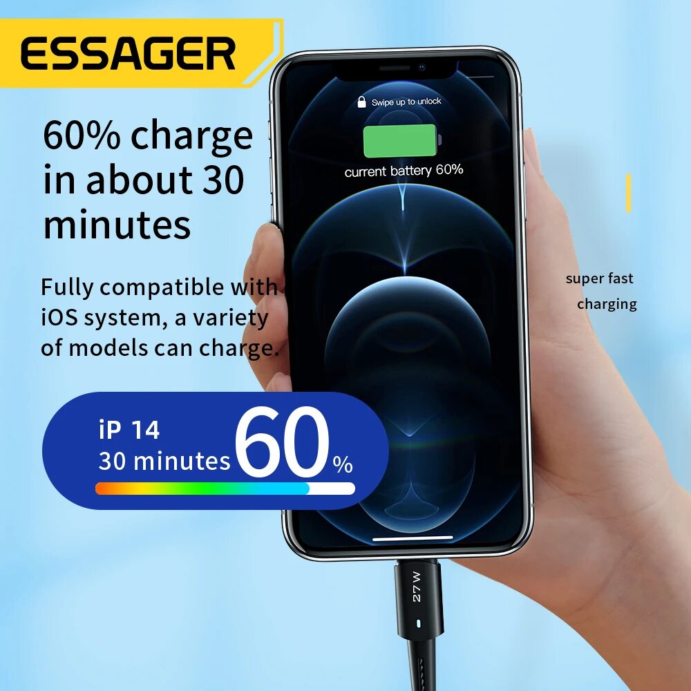 Кабель Essager USB C 2m, черный, 2.4A — фото 1