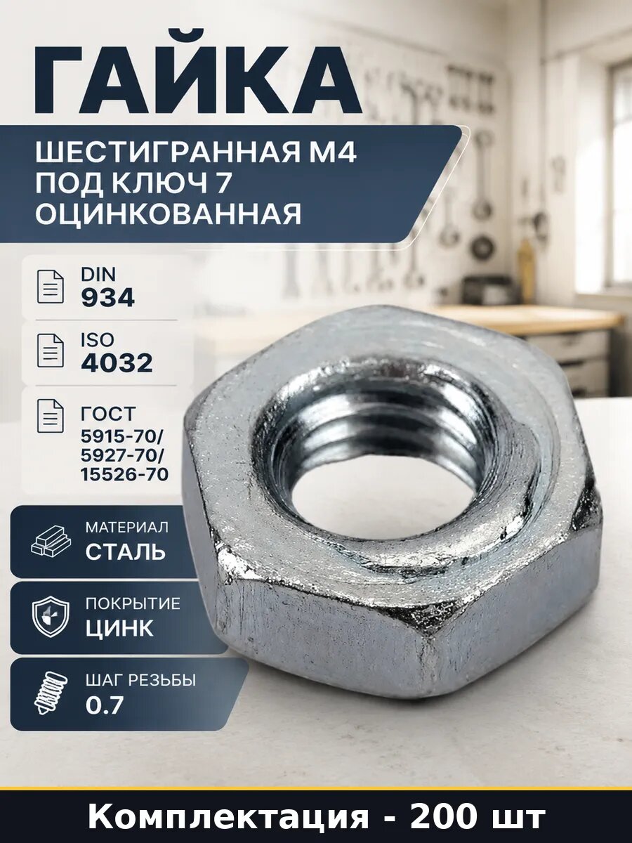 Шестигранная гайка М4 сталь цинк DIN 934 класс прочности 8.0
