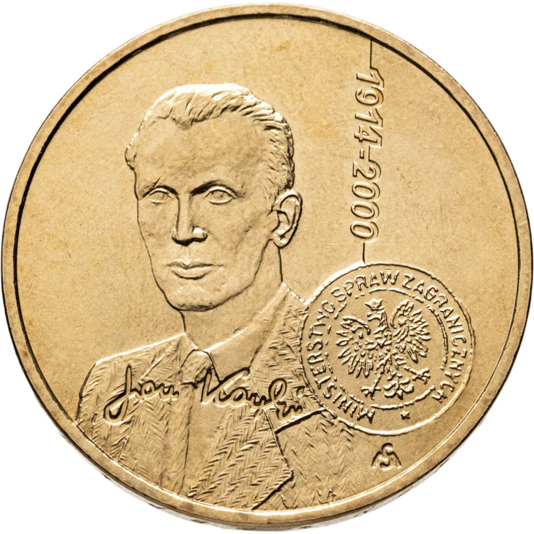 Польша 2 злотых 2014 "100 лет со дня рождения Яна Карского", Латунь, в сохранности UNC