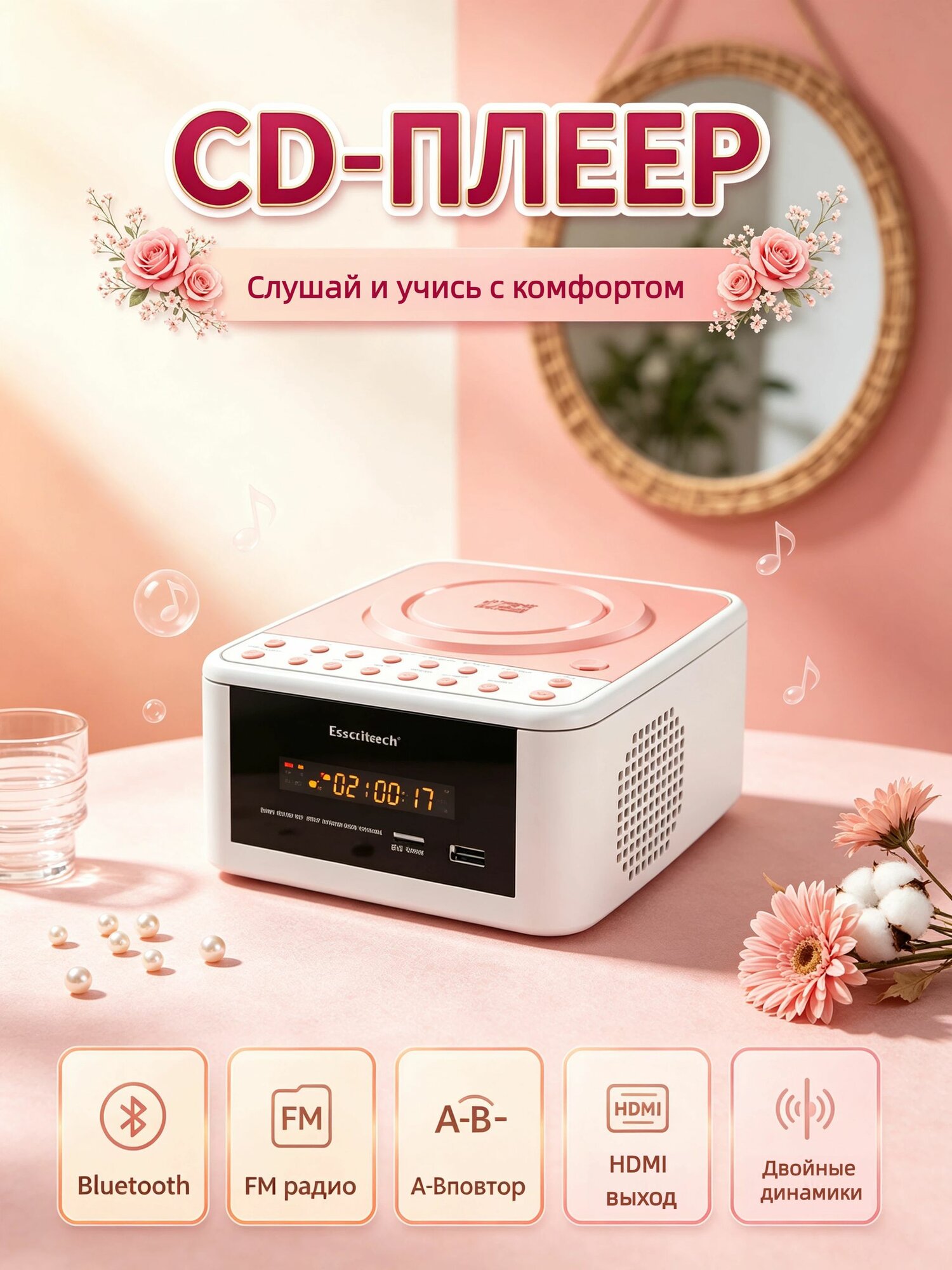 Cd проигрыватель портативный bluetooth fm радио ab повтор usb tf hdmi для дома и учебы