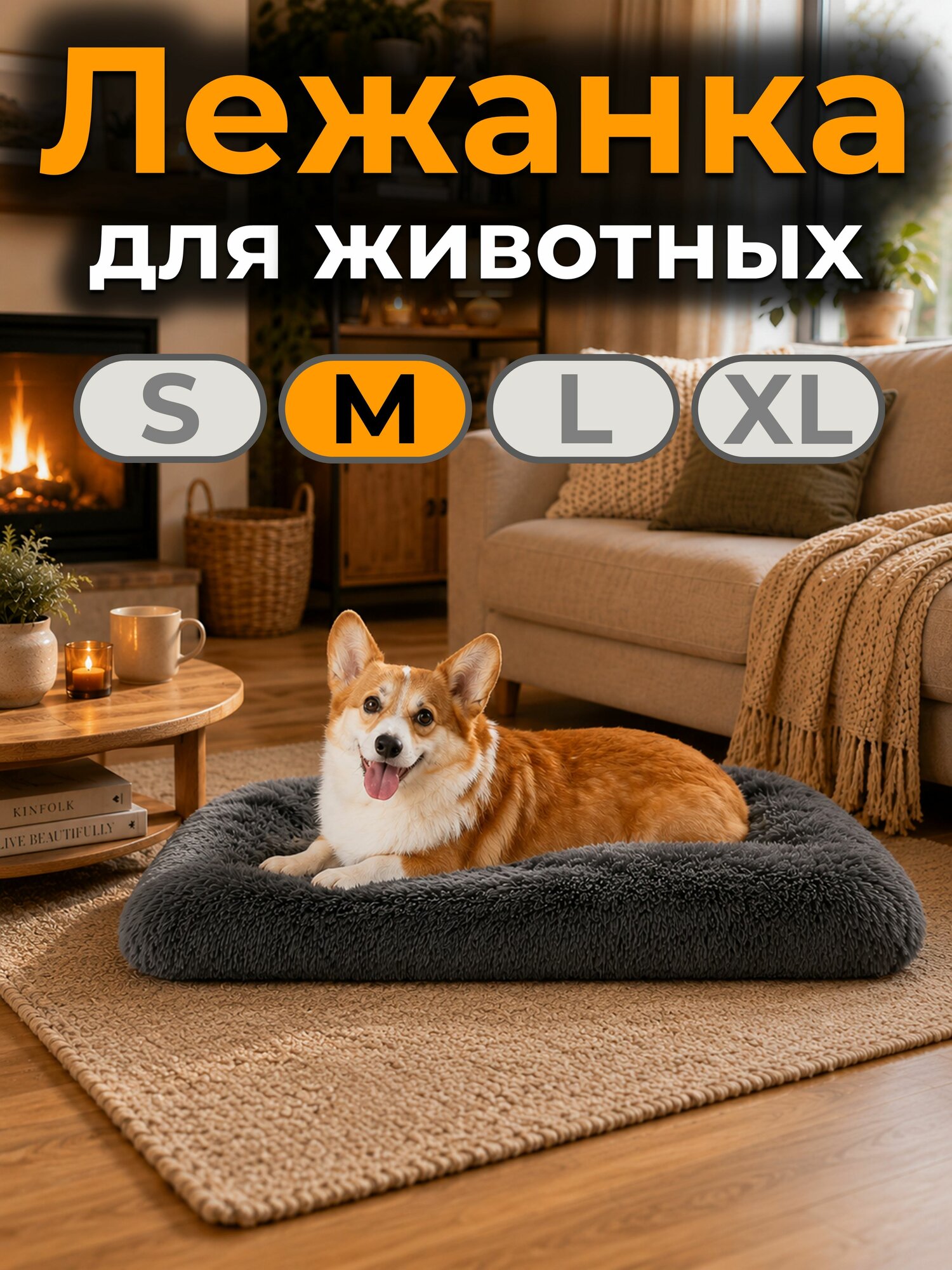 Лежанка для собак средних пород 80х60x12 см, мягкий пушистый лежак матрас, серая подстилка для собаки, нескользящее дно