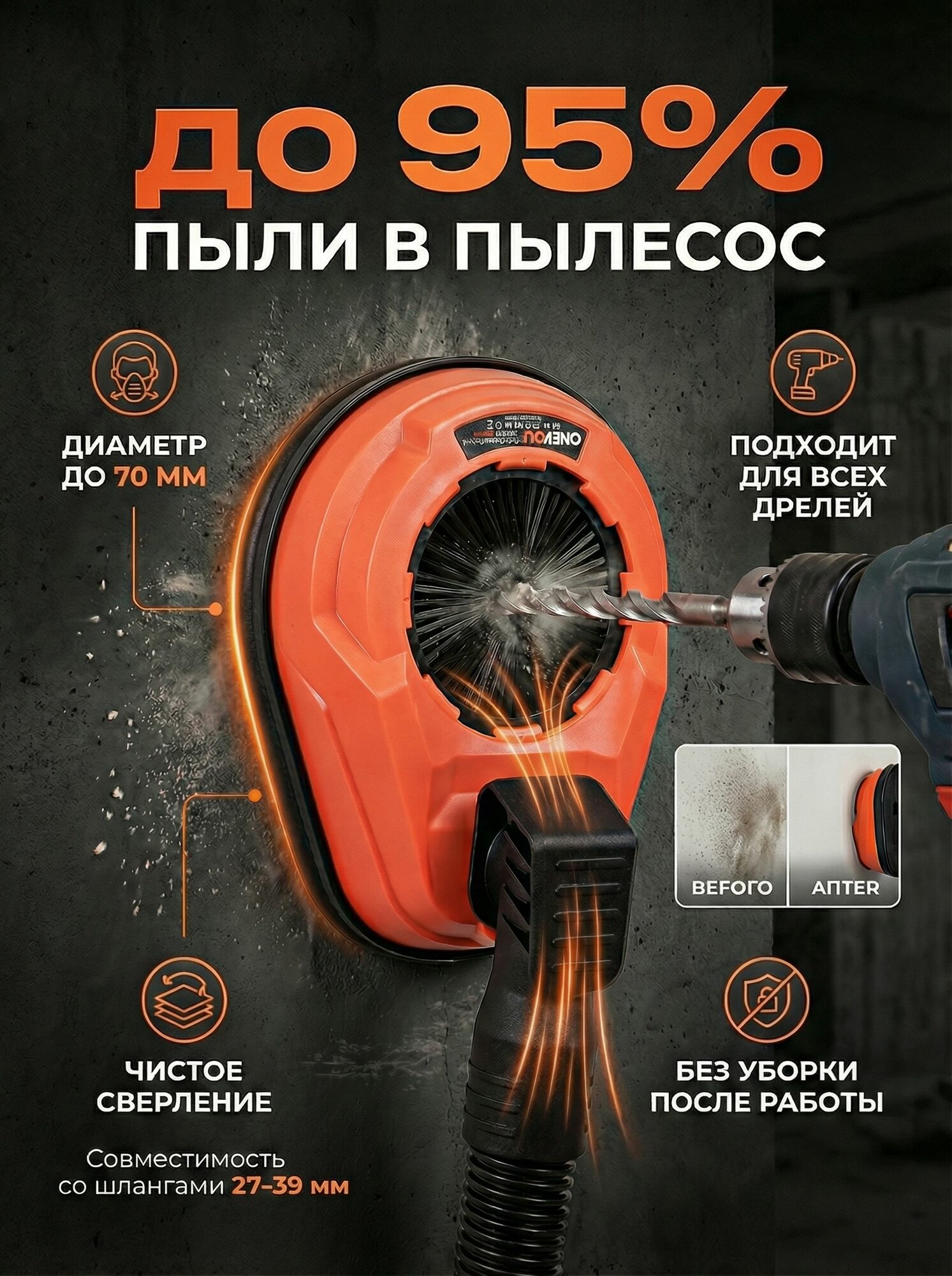 Пылеотвод для дрели 70мм VDC-70 ONEVOLT / Пылезащитный кожух для сверления / Насадка для удаления пыли
