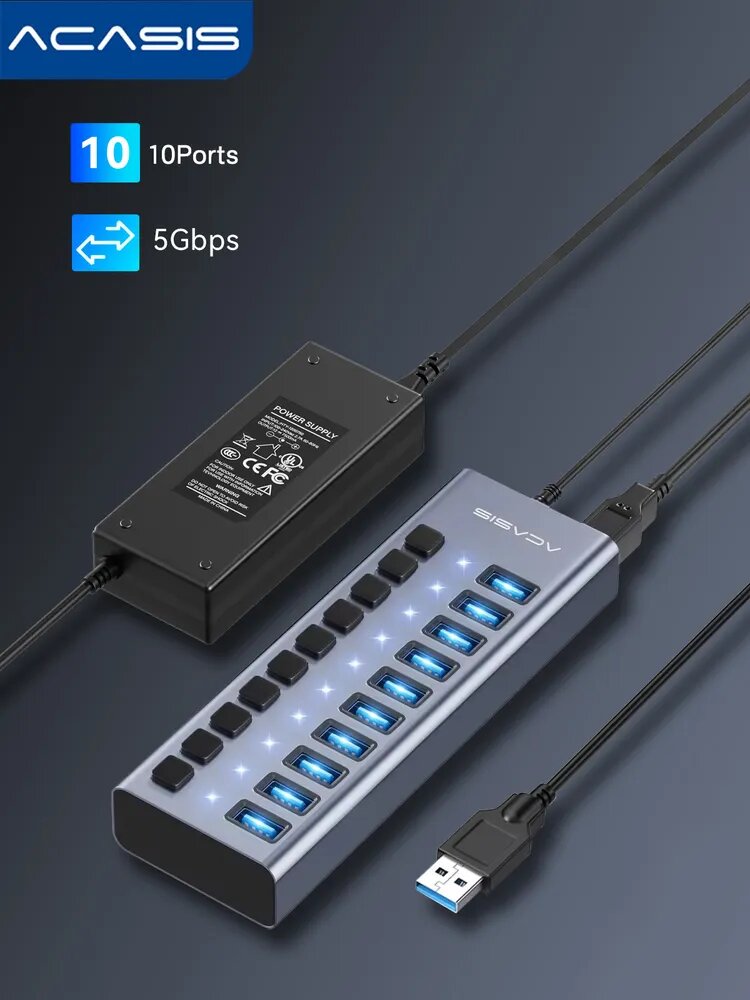 Acasis 10 Порт USB концентратор 5 Гбит / с USB 3.0 разделитель USB для ноутбуков