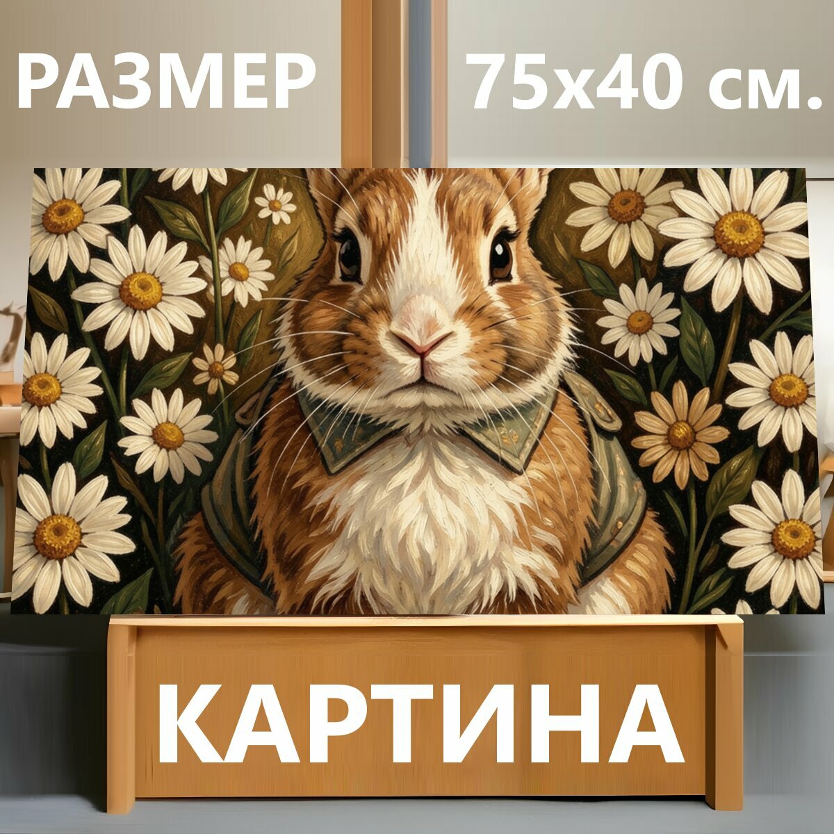 Картина на холсте "Кролик среди ромашек. Милый зайчик в центре цветочного поля с белыми ромашками и зелёными листьями, тёплая ручная живопись." на подрамнике 75х40 см. для интерьера
