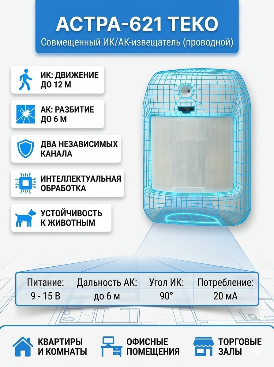 Астра-621 Извещатель охранный совмещенный ИК + АК теко