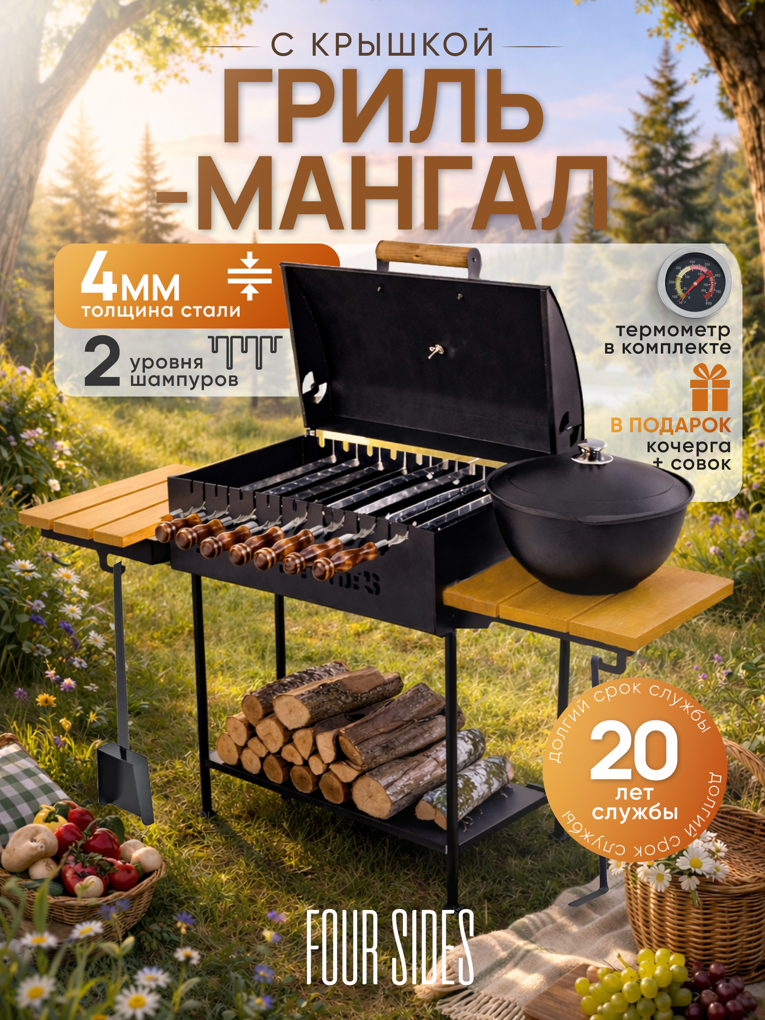 Гриль-мангал GRillFox, переносной, с крышкой, толщина стенок 4мм