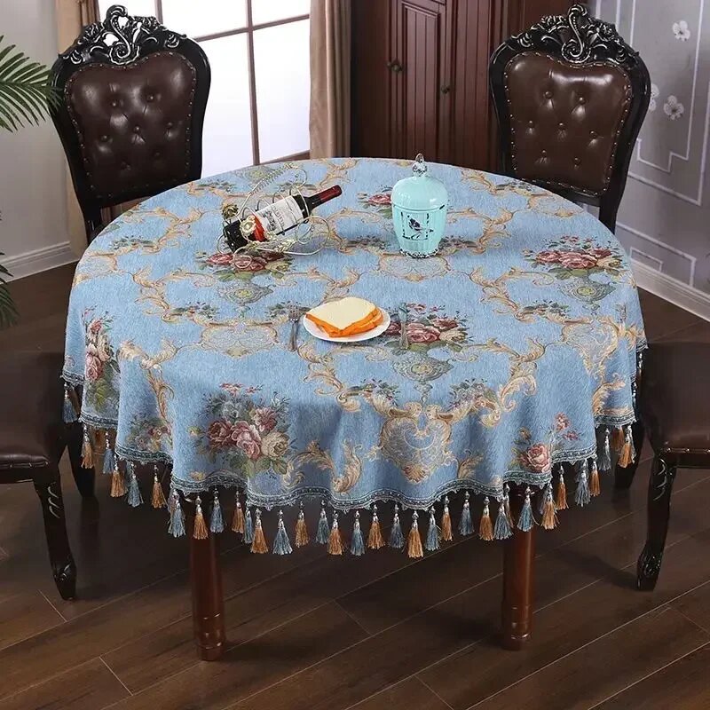 Круглая скатерть синяя с кисточками, диаметр 160 см