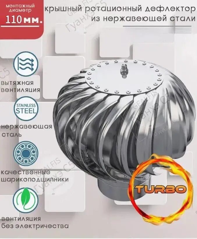 Дефлектор350 мм для вентиляции, турбо- нержавеющая сталь, на трубу 300 мм