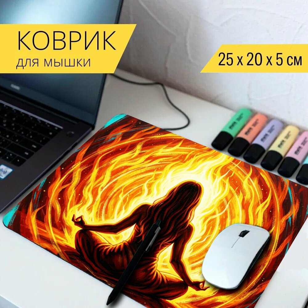 Коврик для мыши с принтом "Силуэт в пылающем вихре. Девушка в позе лотоса на фоне спирали языков пламени, яркие оранжево-желтые и бирюзовые акценты, мистическая энергетика." 25x20см.