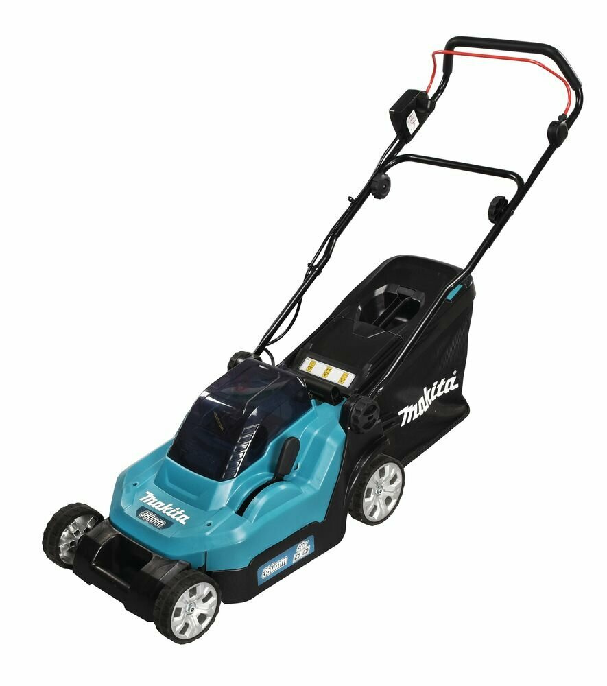 Газонокосилка аккумуляторная Makita DLM382PM2 (36В/2х18В, ширина 38см, травосборник40л, 2 в 1, 2x4 Ач; БЗУ) — фото 1