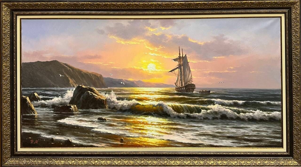 Картина маслом, морской пейзаж "Парусник на рассвете". Холст/Масло 2024. Размер 60х120. Автор Ильин Максим.