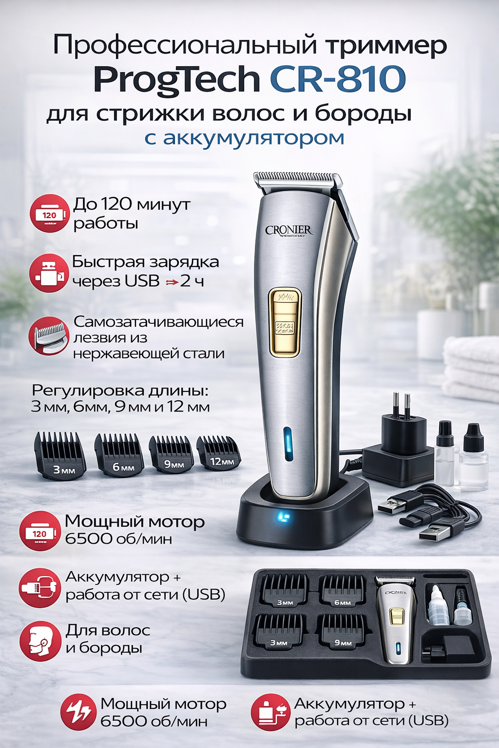 Профессиональный триммер VoltGrid CR-810 для стрижки волос и бороды с аккумулятором