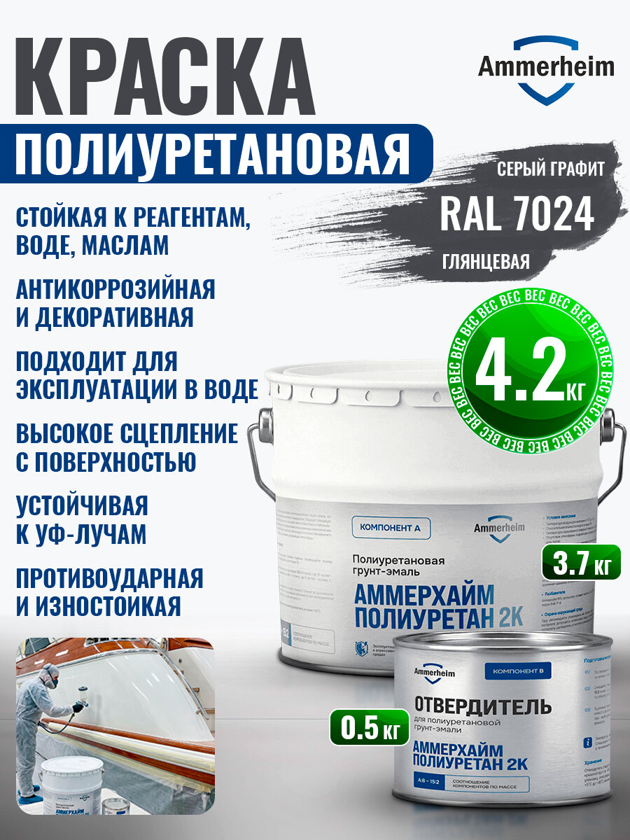 Двухкомпонентная полиуретановая краска для металла Аммерхайм Полиуретан 2К, серый графит RAL 7024; 4.2 кг