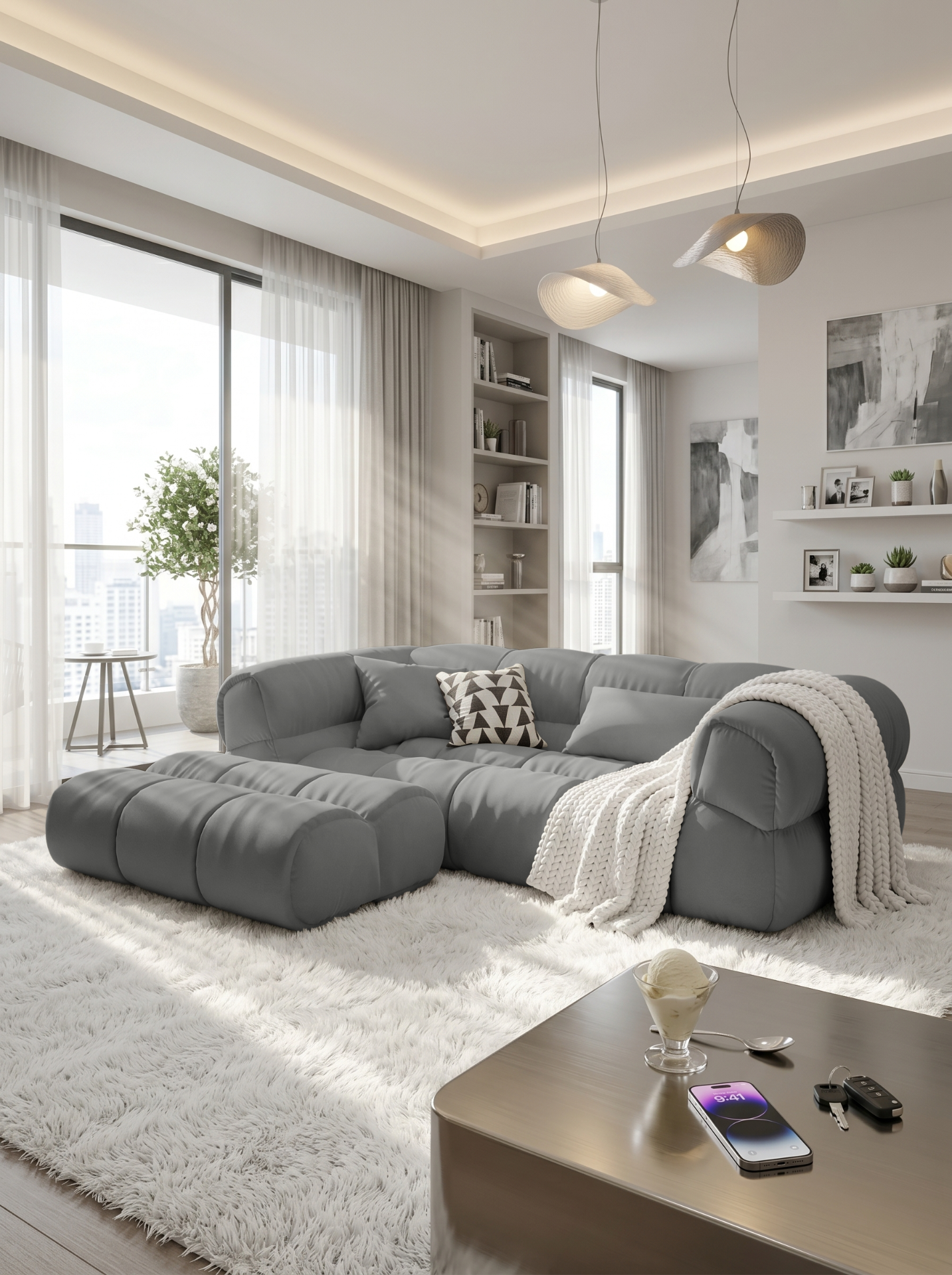 Угловой диван Шелби Velutto 52 NOW 239x174x72 см, серый Велютто, нераскладной Фиеста