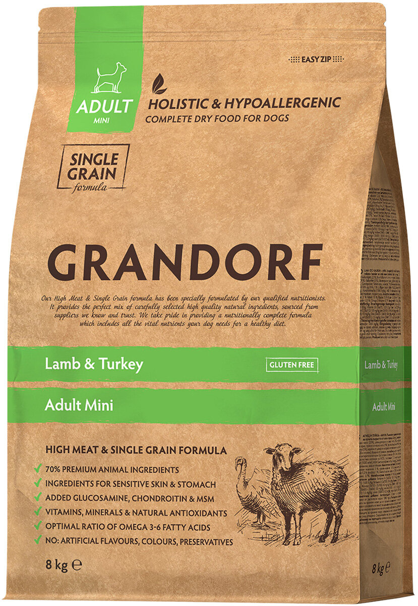 Корм сухой Grandorf Single Grain Dog Adult Mini Lamb & Turkey низкозерновой для взрослых собак мелких пород, ягненок, индейка, 8 кг