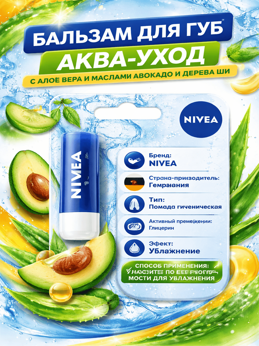 Бальзам для губ Nivea Аква-ухода с алоэ вера, маслами авокадо и дерева ши, 4.8г