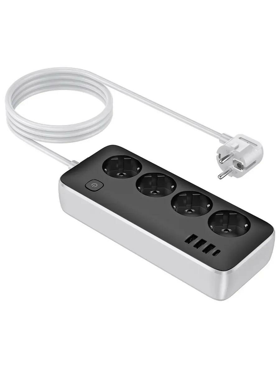 Сетевой фильтр Hoco AC21 3USB-A, 1USB-C, 4 розетки, 1.5 м, черный, EU