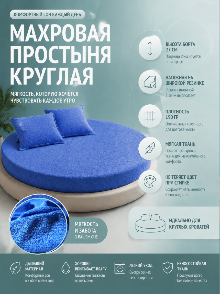 Простыня круглая на резинке, махровая диаметр 220х27, светло-синий