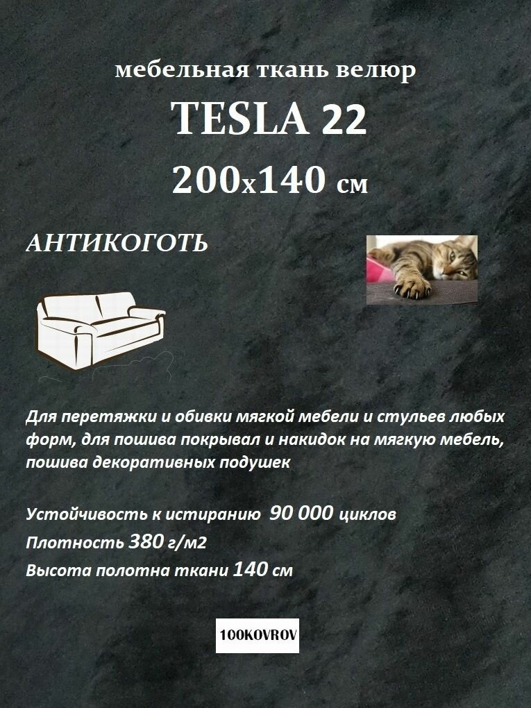 Отрез 2 метра Ткань мебельная, велюр, обивочная, антикоготь TESLA 22 черный