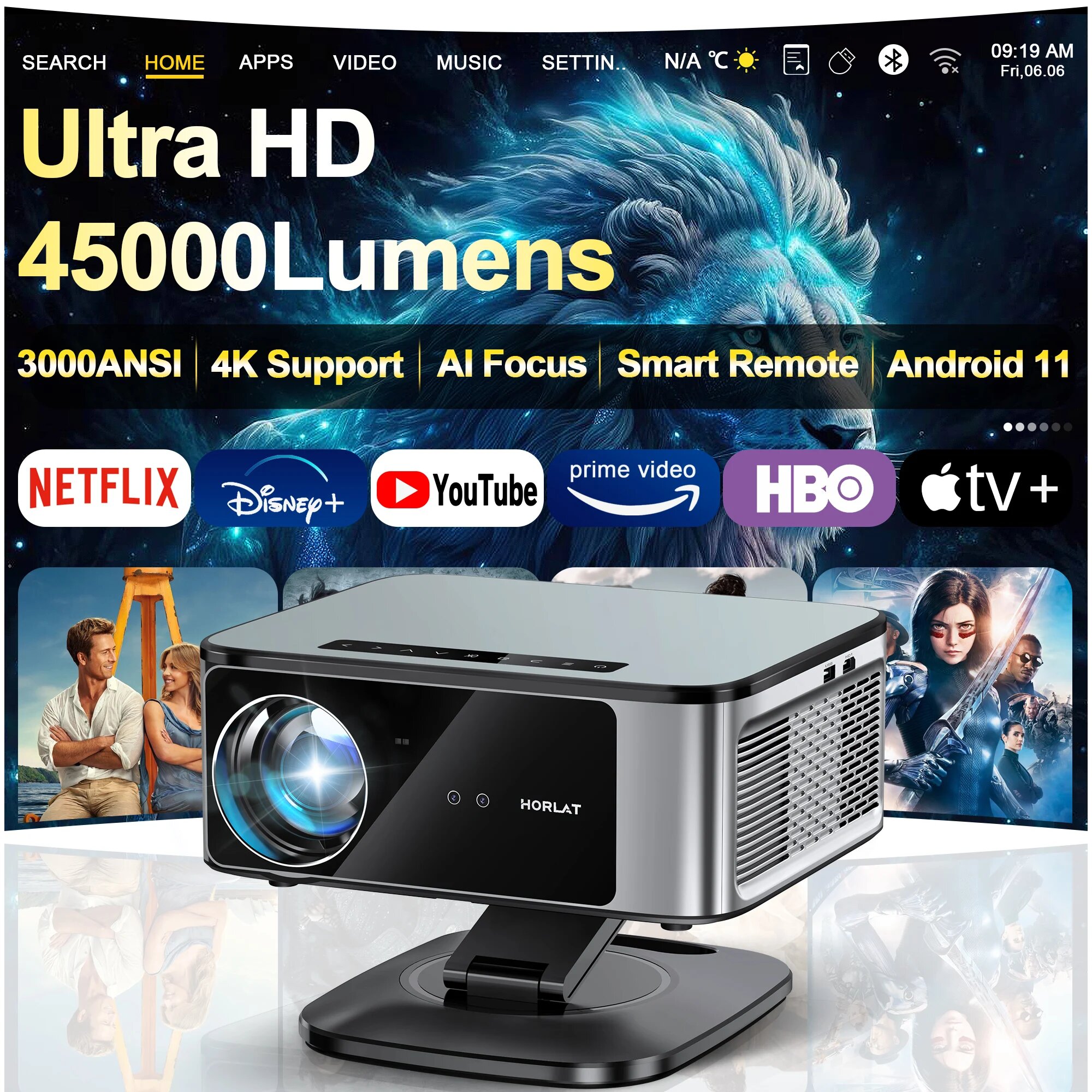 HORLAT 4K UHD Лазерный Проектор, T10PRO 128G, EU Plug