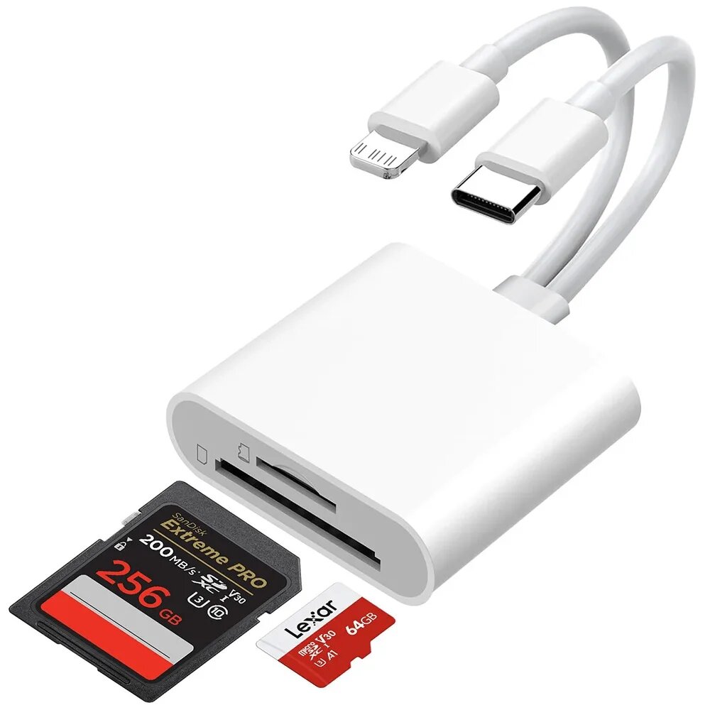 Устройство чтения SD-карт 2-в-2 для iPhone iPad Mac — высокоскоростной адаптер USB C и Lightning с двумя портами памяти