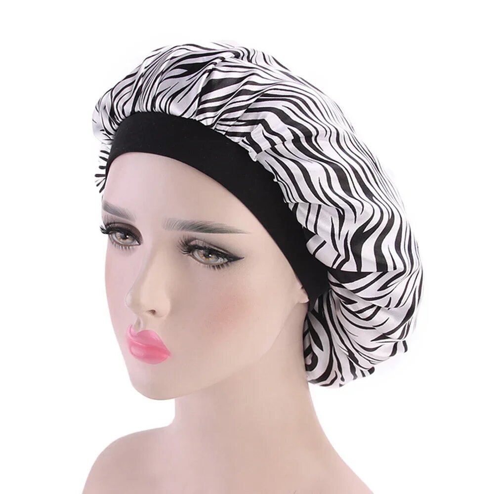 Женская атласная шапочка для сна Черный, Black white zebra