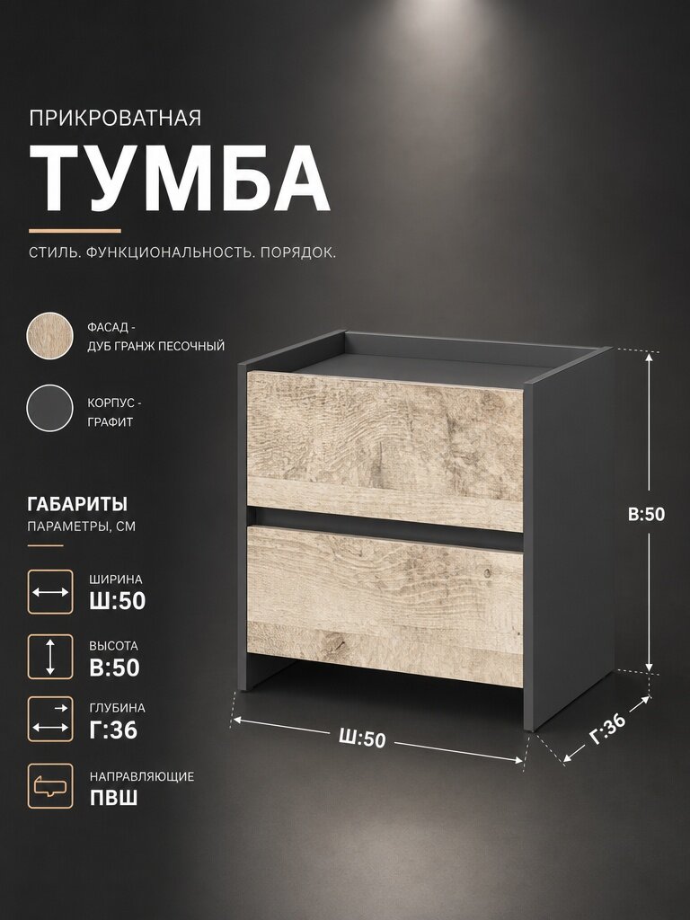 Тумба прикроватная Денвер 50х50х36 см 2 ящика стильная Альбина — фото 1