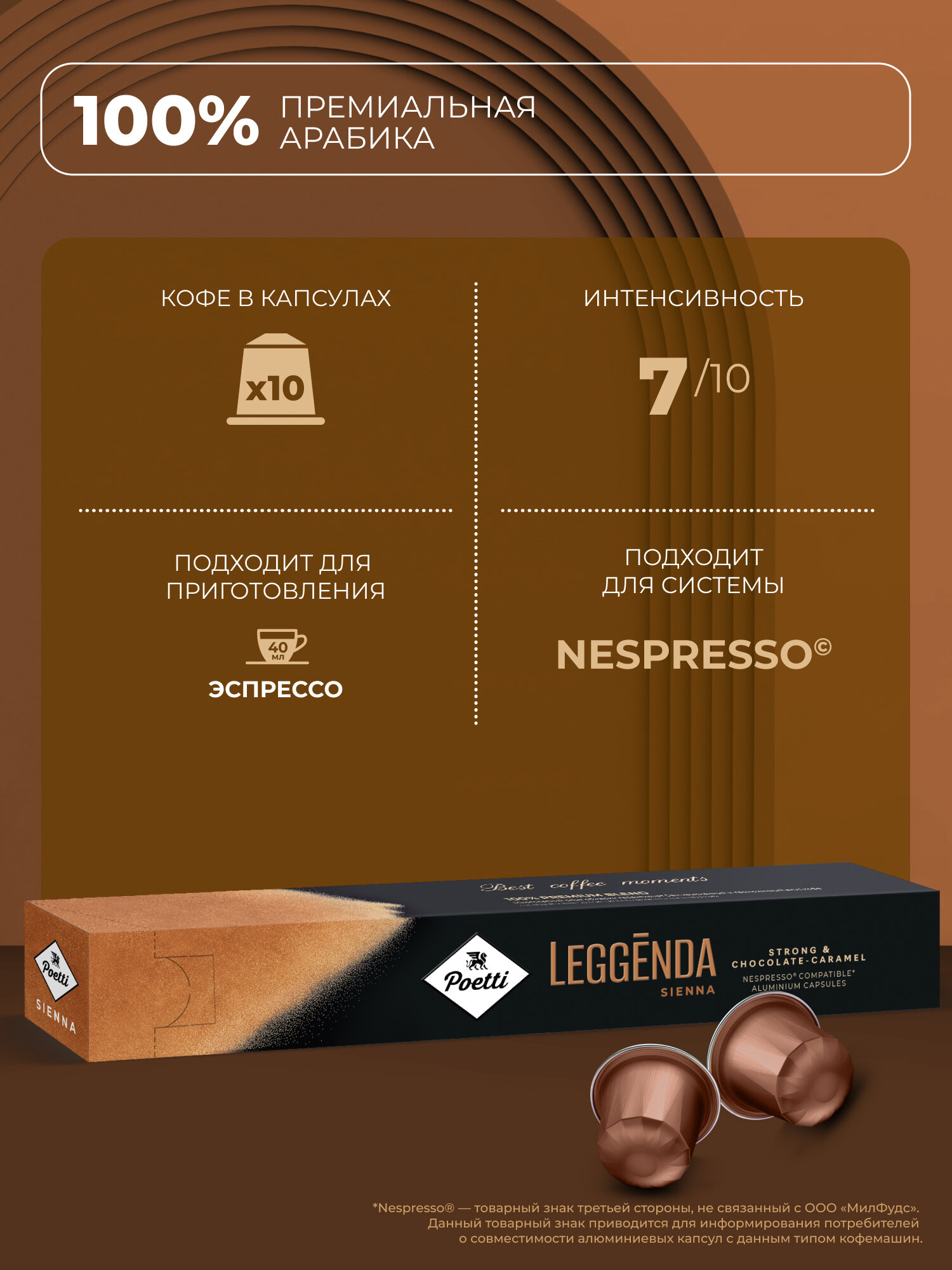 Кофе в капсулах Poetti "Leggenda Sienna", 10шт, арабика, интенсивность 5-7