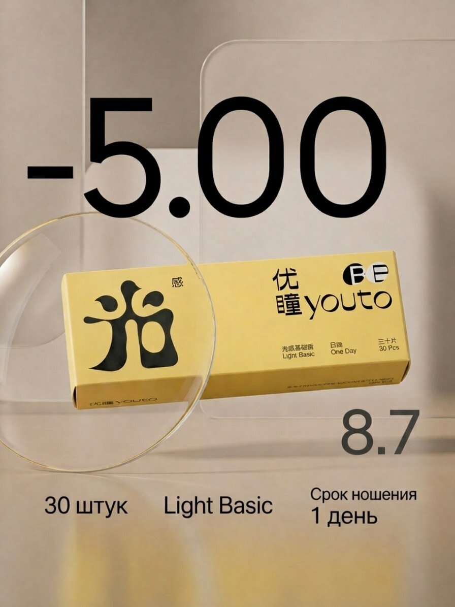 Контактные линзы YOUTO, Light Basic, однодневные, 55% влажности, -5, 30 шт.