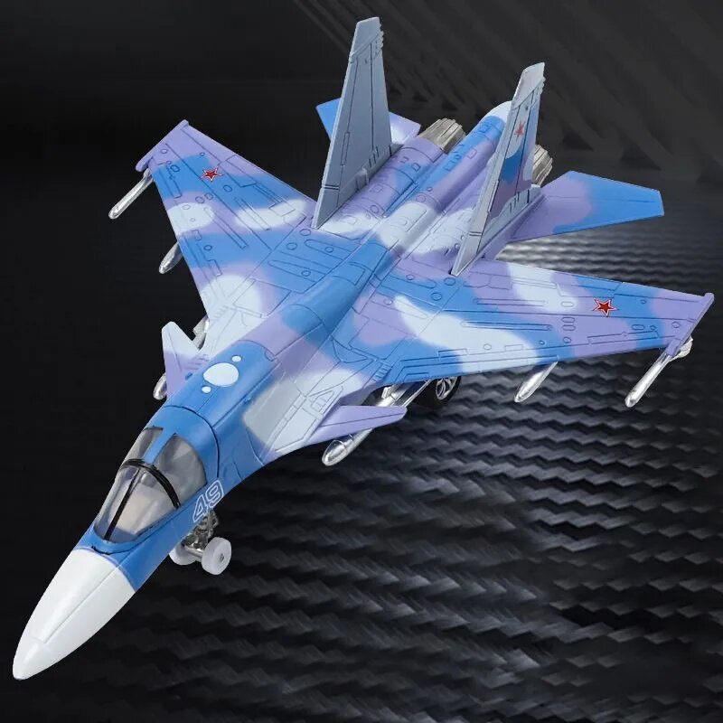 Масштабная модель самолета Су-34 из сплава, сине-фиолетовая, с подсветкой и звуком, для коллекционирования — фото 1