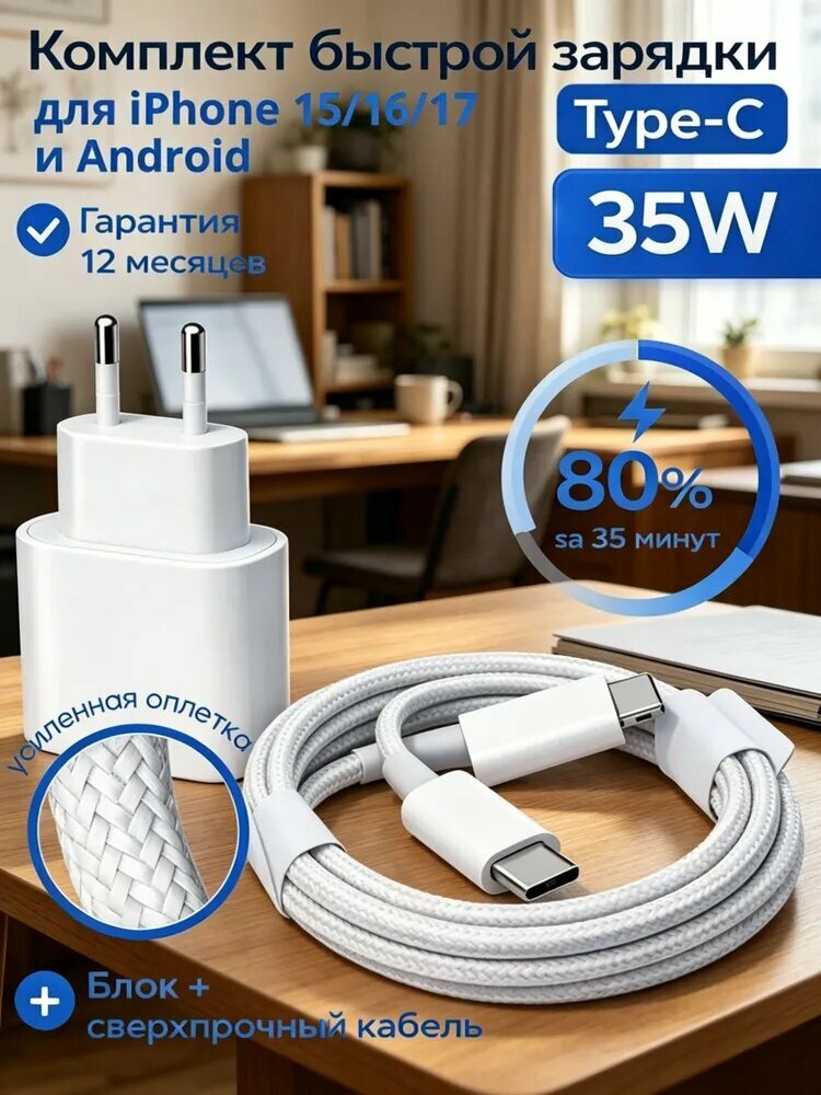 Быстрая зарядка Type-C 20W. Зарядка для Android и iPhone 15/16/17