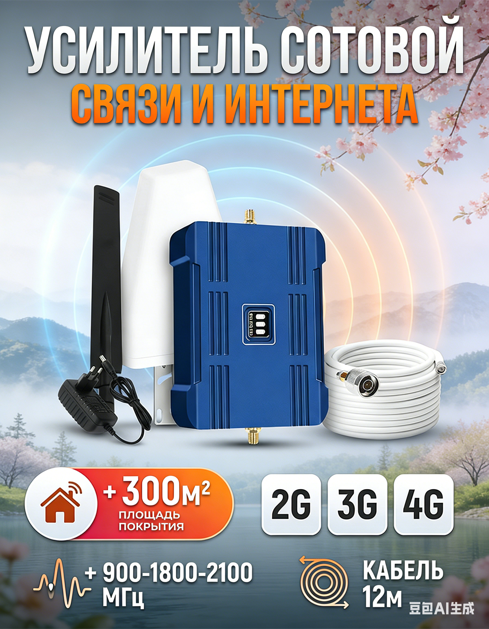 Усилитель сотовой связи 900/1800/2100 МГц (2G/3G/4G): до 70 км, направленный, синий, 1.3 кг