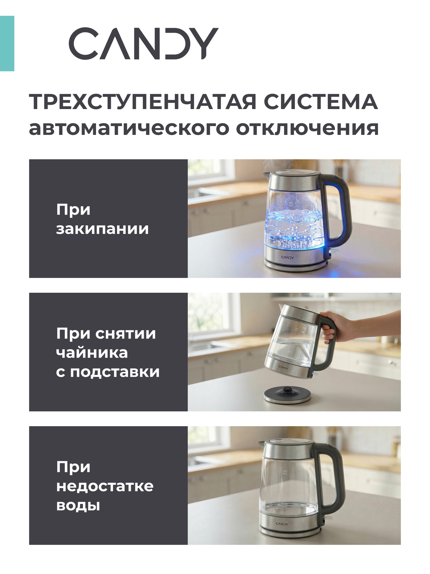 Чайник Candy CK-303, Объем 1,8 литра, Мощность 2200 Вт, Гарантия 1 год, Корпус из термостойкого стекла, LED-подсветка — фото 1