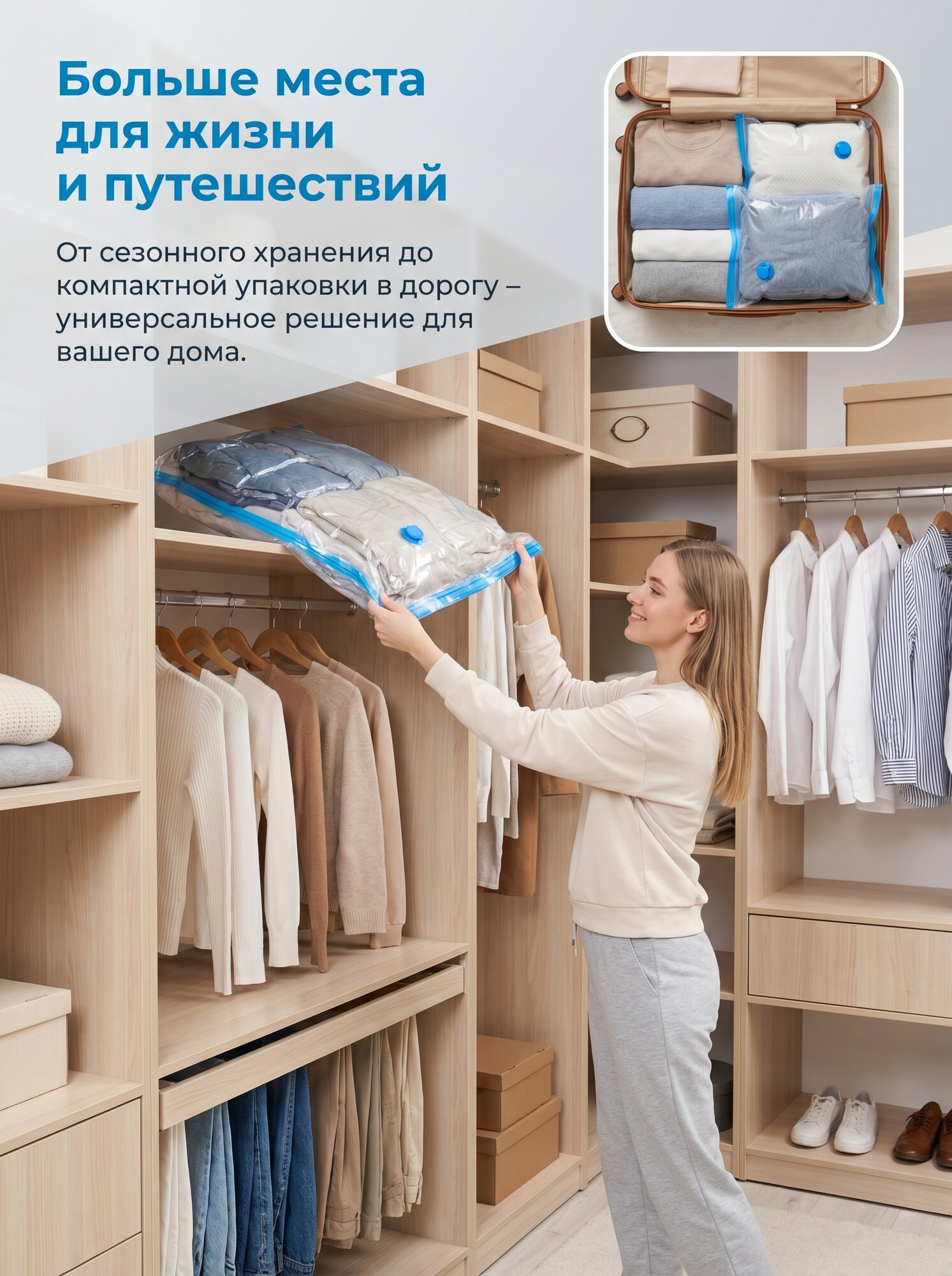 Вакуумные пакеты для хранения вещей с ручным насосом — экономят до 80% места, Грузоподъемность 120 кг, 50×70 см, 5 шт.