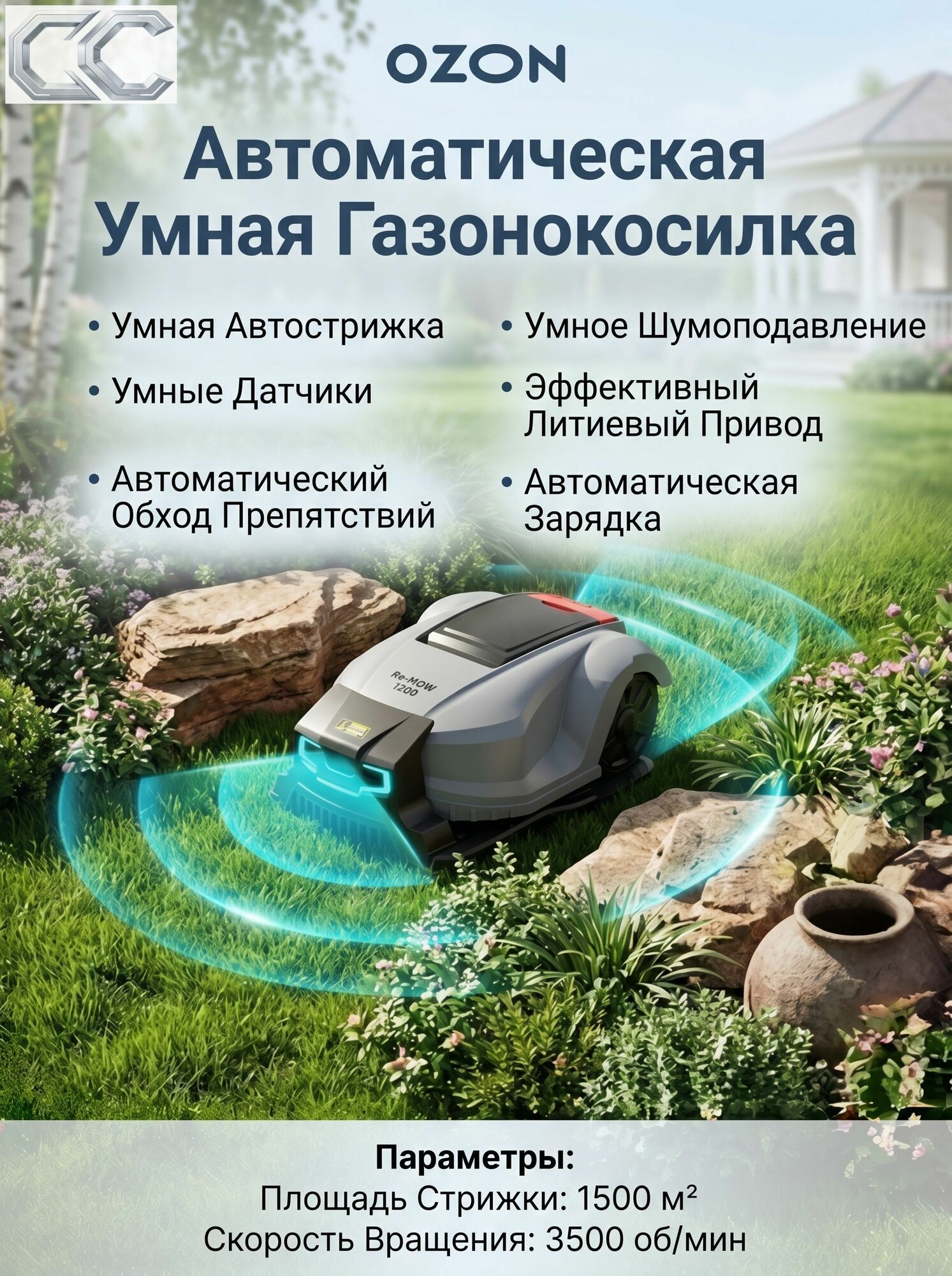 Газонокосилка-робот, самоходная, ширина скашивания 20 см, светло-серая