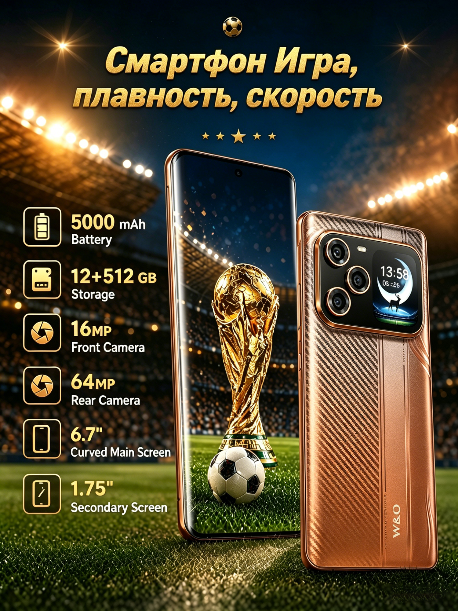 Смартфон W&O 12+512 ГБ, двойной экран 6.7"+1.75", 120 Гц, 5000 мАч, 64 МП камера, Игровой телефон