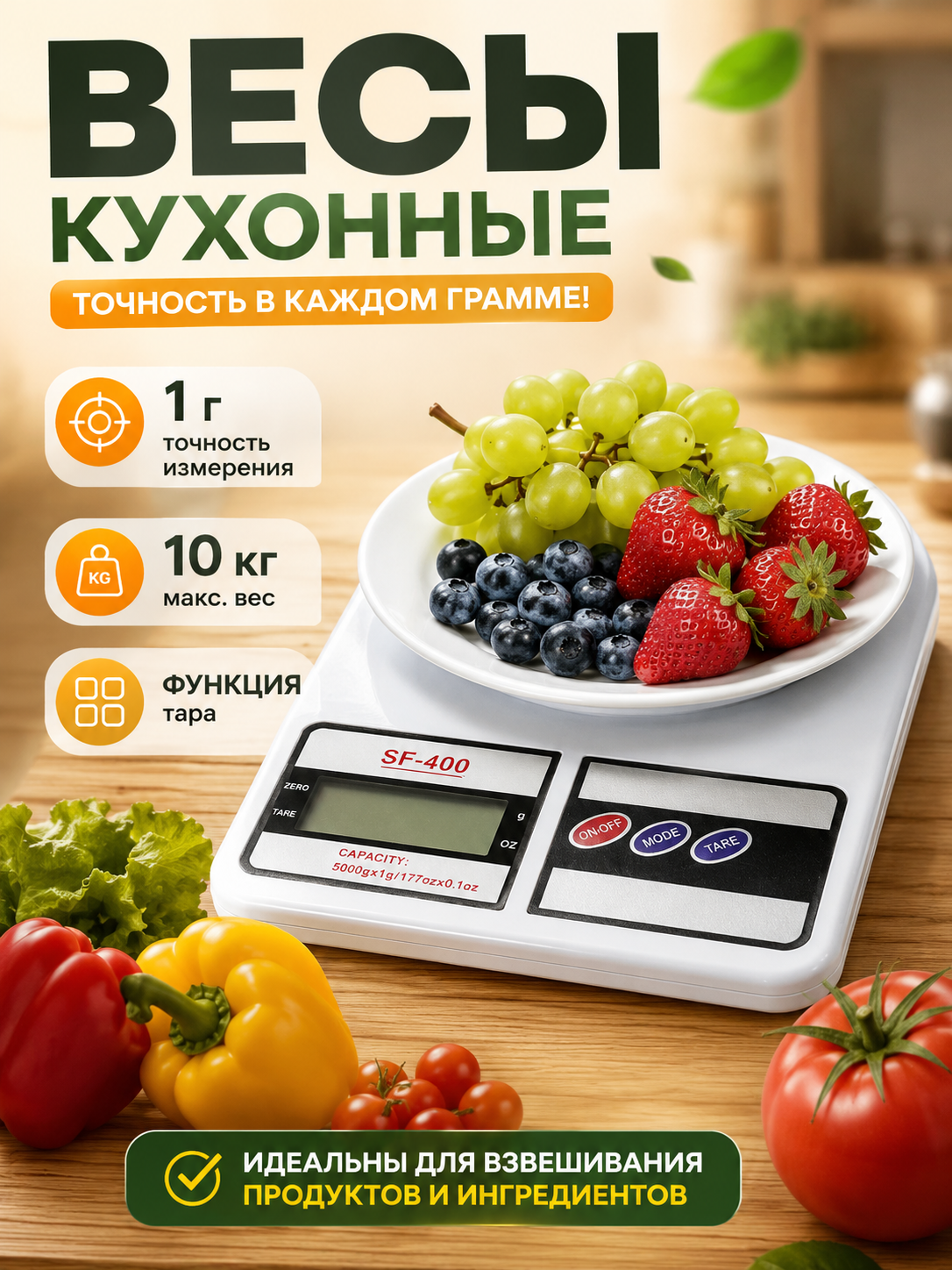 Весы кухонные SF-400 электронные настольные точные, пластик белый