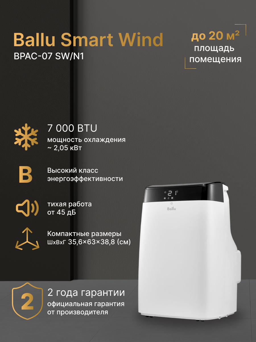 Напольный кондиционер Ballu Smart Wind BPAC-07 SW/N1 на 20 м²