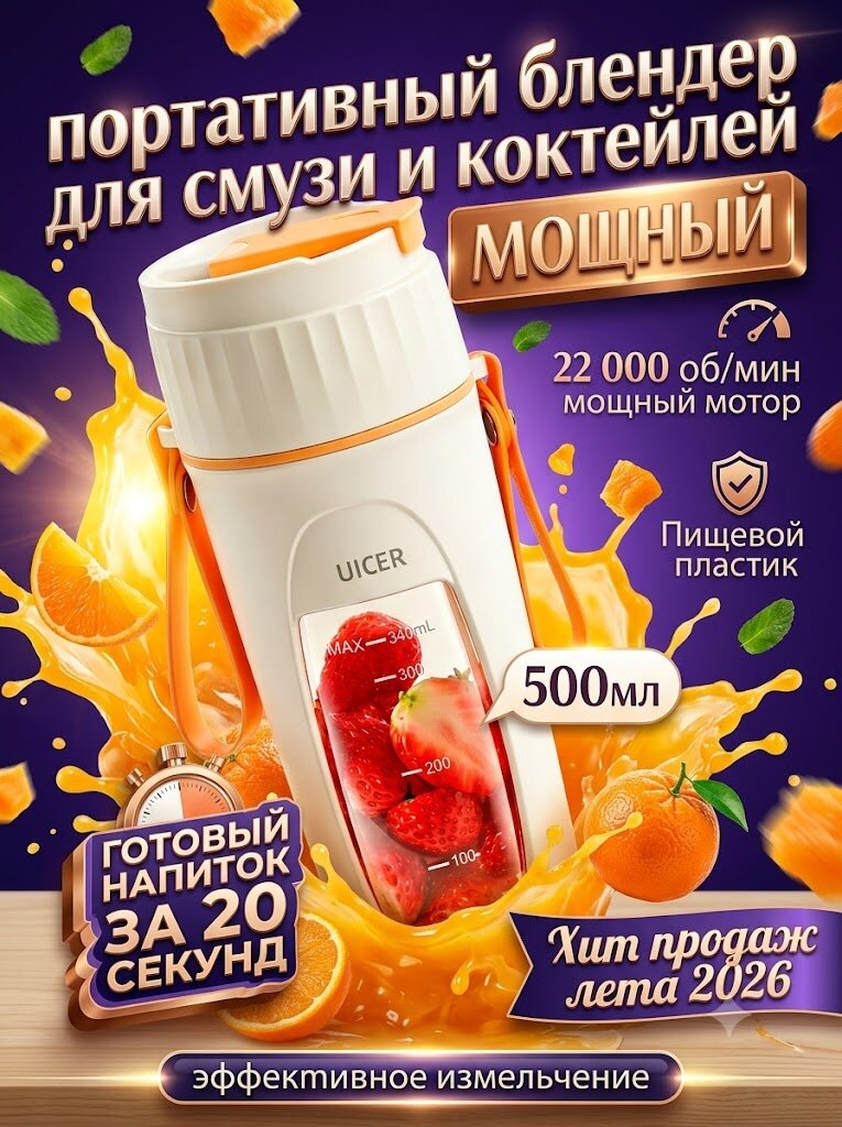 Портативный блендер беспроводной для смузи и коктейлей, 3 скорости с дисплеем, белый