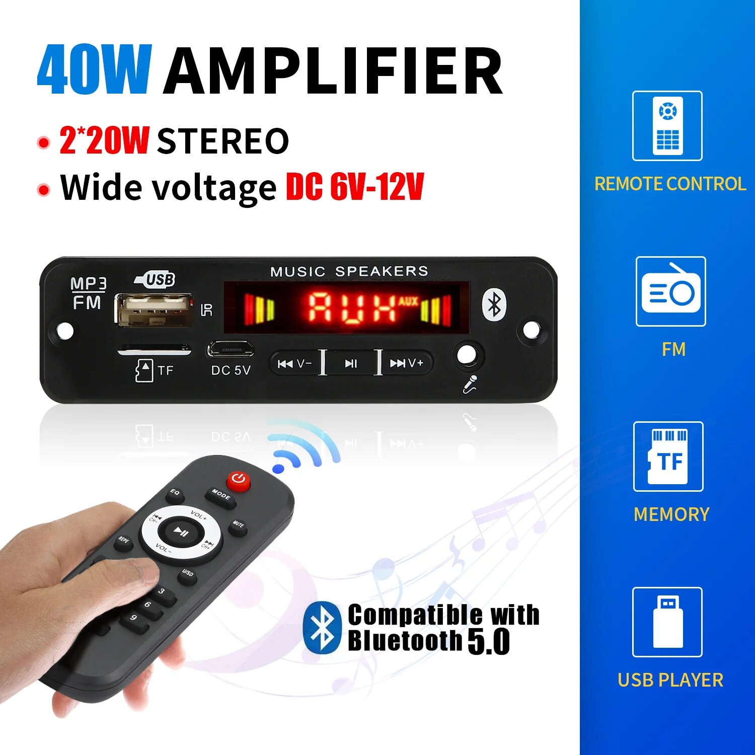 Bluetooth усилитель мощности 20W стерео, 6-12V