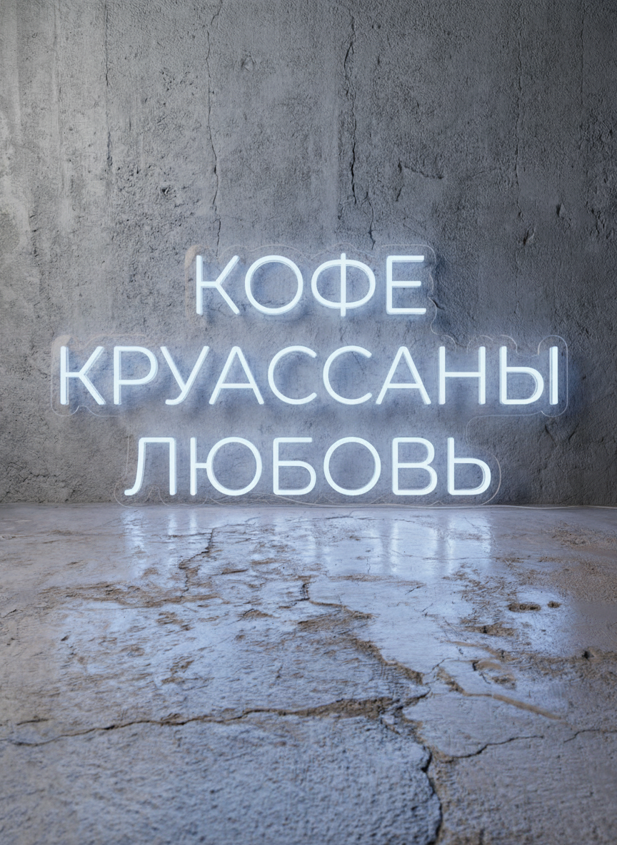 Неоновая вывеска "кофе круассаны любовь" 95х50 см, неоновая надпись, LED светильник для кофейни и пекарни