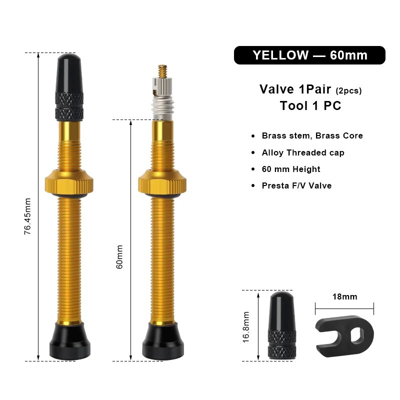 Riderace Бескамерные велосипедные клапаны Presta Желтый, Yellow 60mm