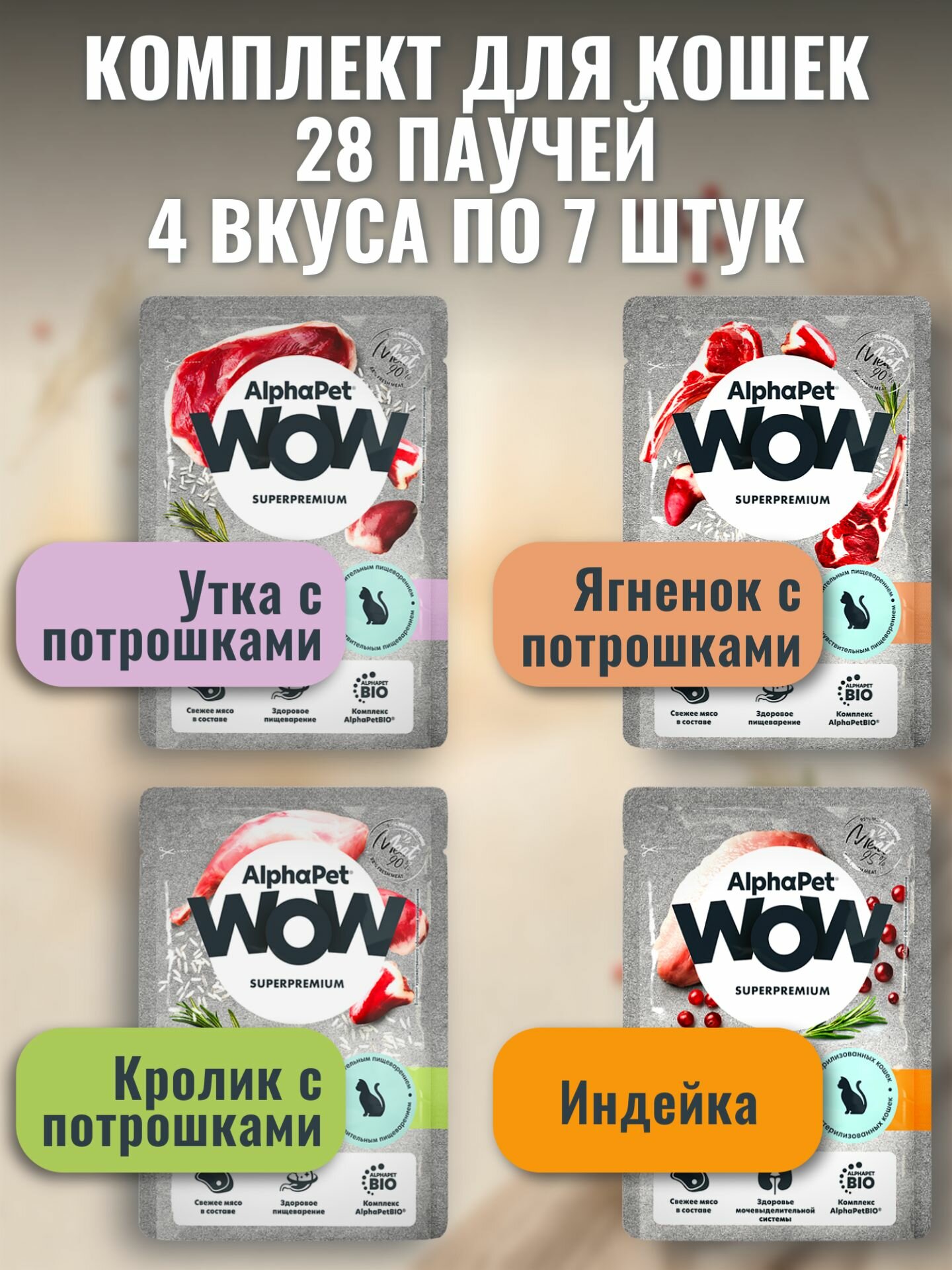 AlphaPet / Комплект для стерилизованных и кошек с чувствительным пищеварением (утка, ягненок и кролик с потрошками, индейка) 28 шт х 85 гр