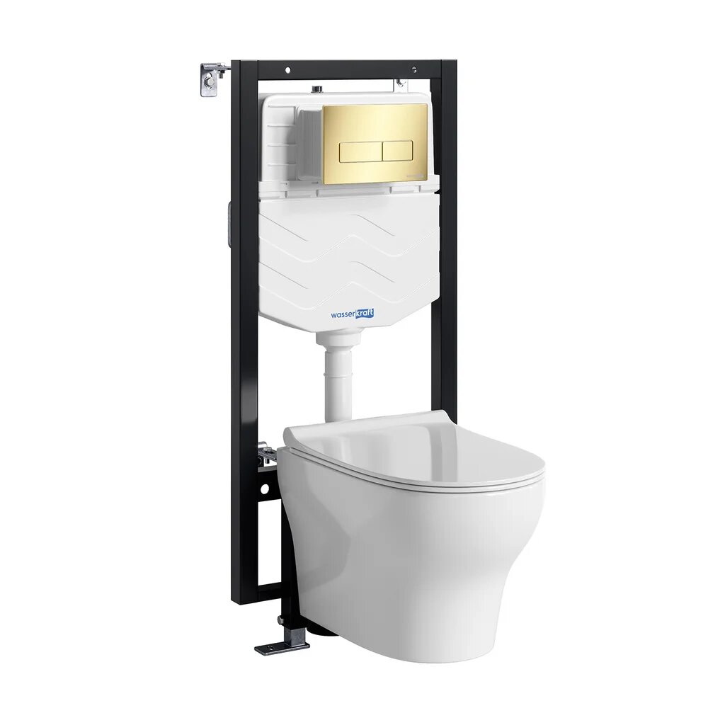 Комплект Унитаз подвесной WasserKRAFT Berkel H001 безободковый / Крышка для унитаза E034 / Система инсталляции для унитазов Vils 56TLT.010. ME, Кнопка смыва PG03