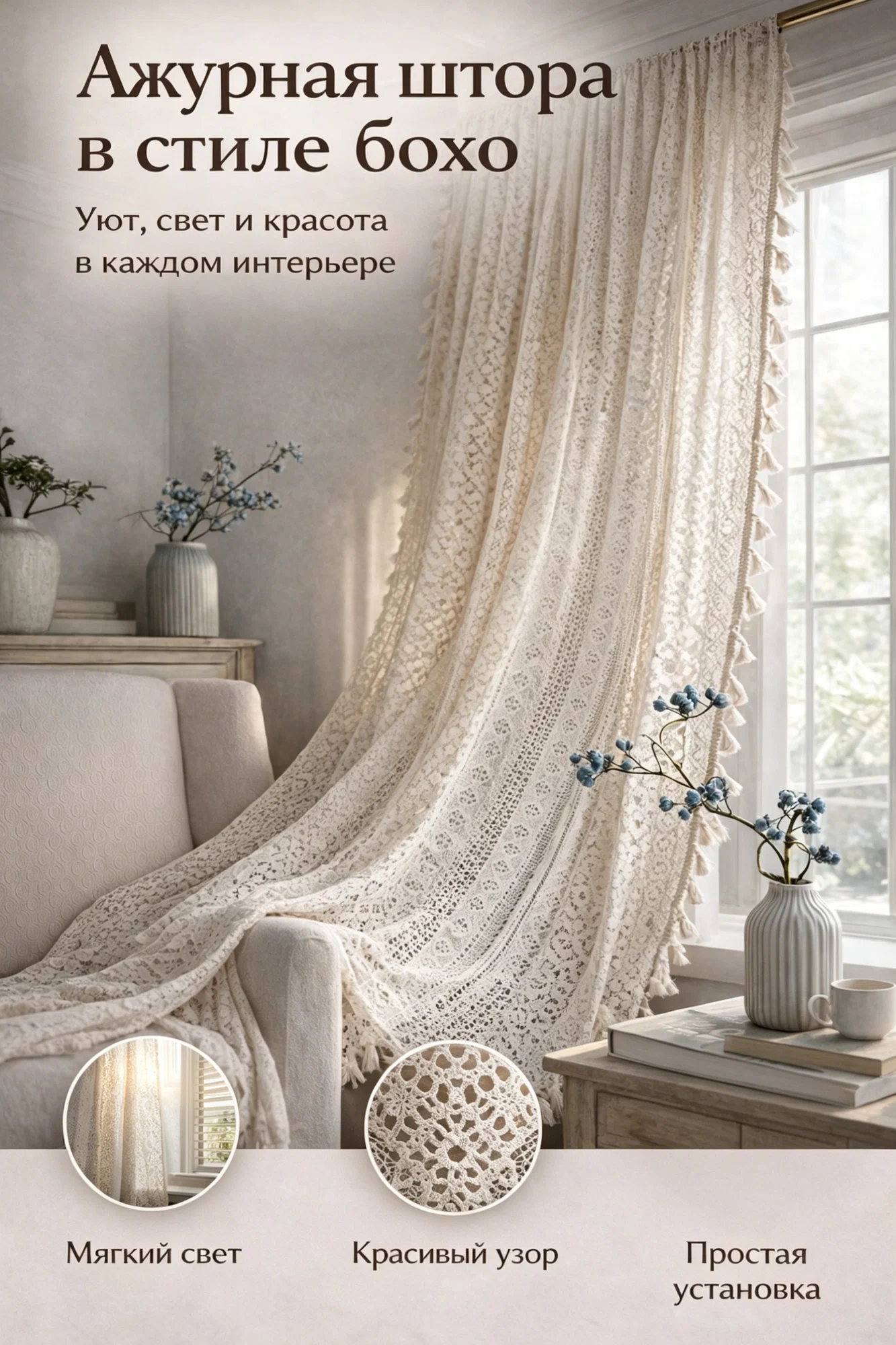 Штора нитяная "Американский кантри", вязаная крючком, полупрозрачная, для гостиной150*240cm