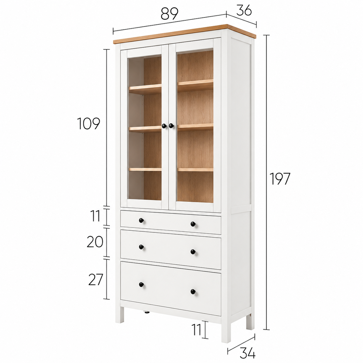 Шкаф витрина 3 ящика широкий HEMNES Кымор, массив сосны, цвет белый/светло-коричневый, (икеа)