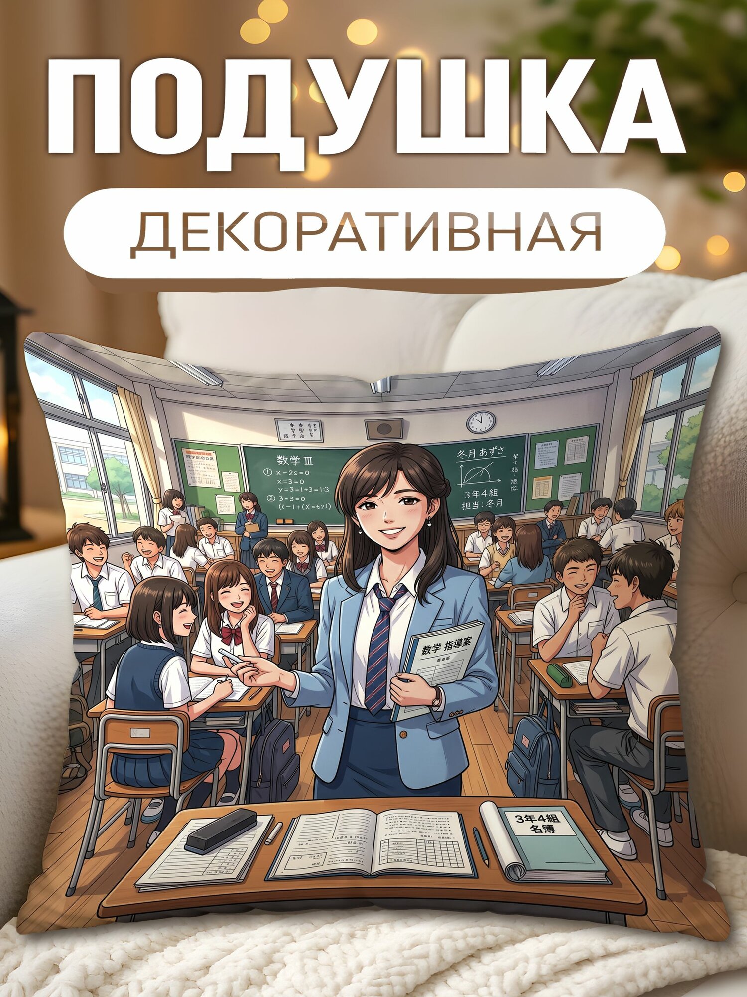 Подушка декоративная с принтом Крутой учитель Онидзука Адзуса Фуюцуки, размеры 40 х 40 см, 1 шт.