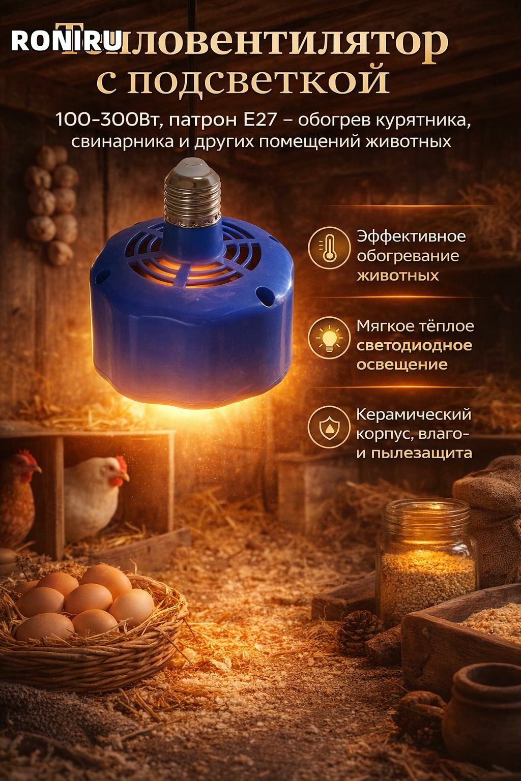 Тепловентилятор с подсветкой 100-300Вт, патрон Е27 — обогрев курятника, свинарника и других помещений животных