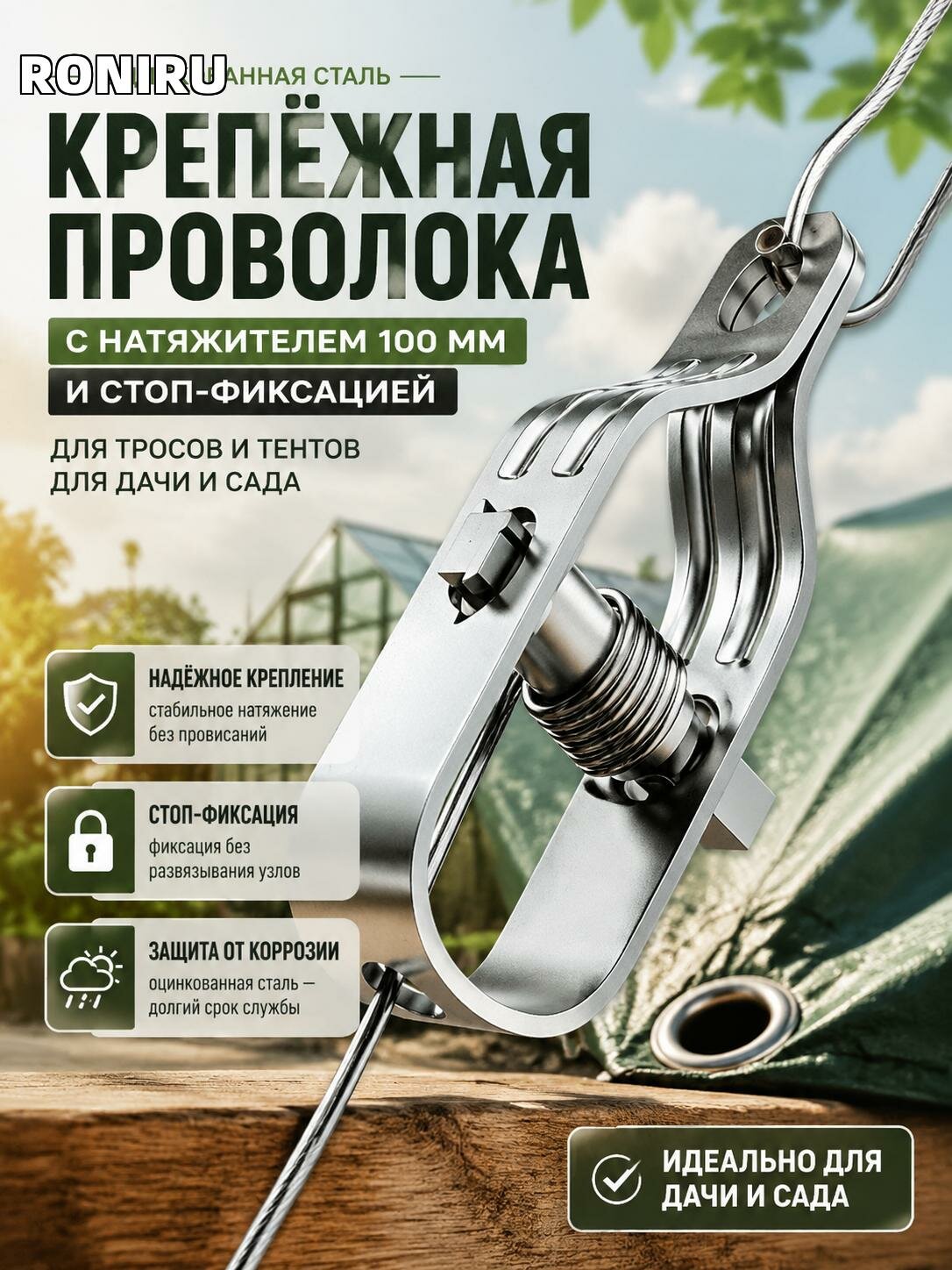 Оцинкованная стальная крепёжная проволока с натяжителем 100 мм и стоп-фиксацией для тросов и тентов для дачи и сада