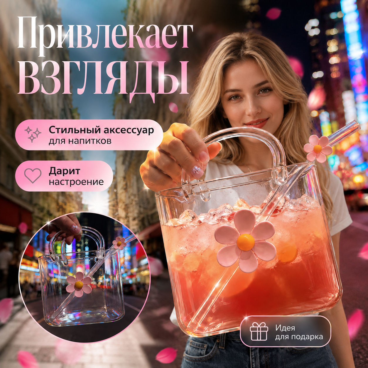 Стеклянная кружка для чая и кофе с трубочкой, стакан-сумочка 750 мл